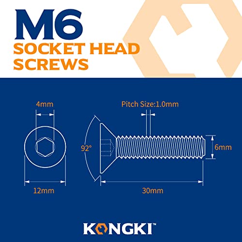 M6-1.0 x 30mm Flat Head Socket Cap Screws, 10.9 Grade Alloy Steel, Allen Socket Drive, Black Oxide Finish, Machine Thread, 50 PCS