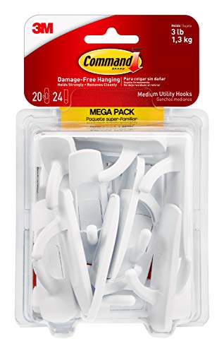 Command Utility Hooks Mega Pack, Medium, White, 20-Hooks (17001-MPES), Organize and Decorate Your Dorm & Large Replacement Strips for Indoor Hooks, 20 Strips