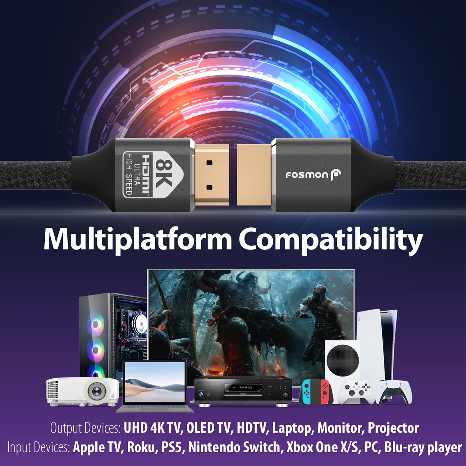 Fosmon HDMI 2.1 Cable 8K@60Hz 1ft (2 Pack), Premium Certified in-Wall CL3 Rated, 48Gbps Ultra High Speed, 4K@120Hz, Dynamic HDR, HDCP 2.3, 3D, eARC, 30AWG Cotton Braided Compatible with UHD TV & More