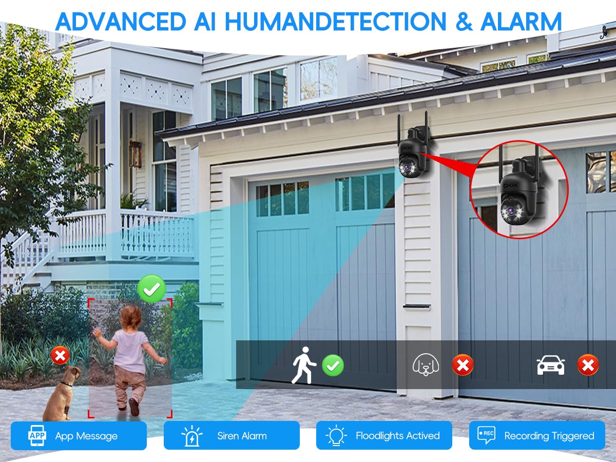 [10CH, Upgrading 5MP] CKK Wireless Security Camera System with 1TB HDD, 4pcs PTZ Cameras Outdoor Indoor, 3K WiFi Surveillance NVR System with Floodlights & Siren Alarm, 2 Way Audio, Waterproof