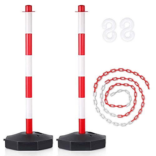 [2 Pack] Traffic Delineator Post Cones with Fillable Base, Portable Parking Pole Barrier with 8ft Chain, Traffic Safety Delineator for Parking Lot, Construction Lot (Red & White)
