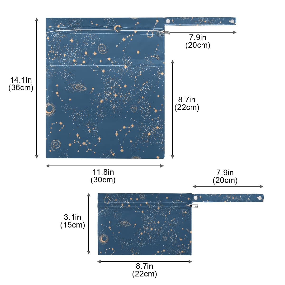 2 PCs Wet Dry Bag Moon Star Space Constellation Pattern Waterproof Wet Bag Cloth Reusable Diapers Wet Swimsuit Bag for Toiletries Travel Beach Pool Stroller Gym