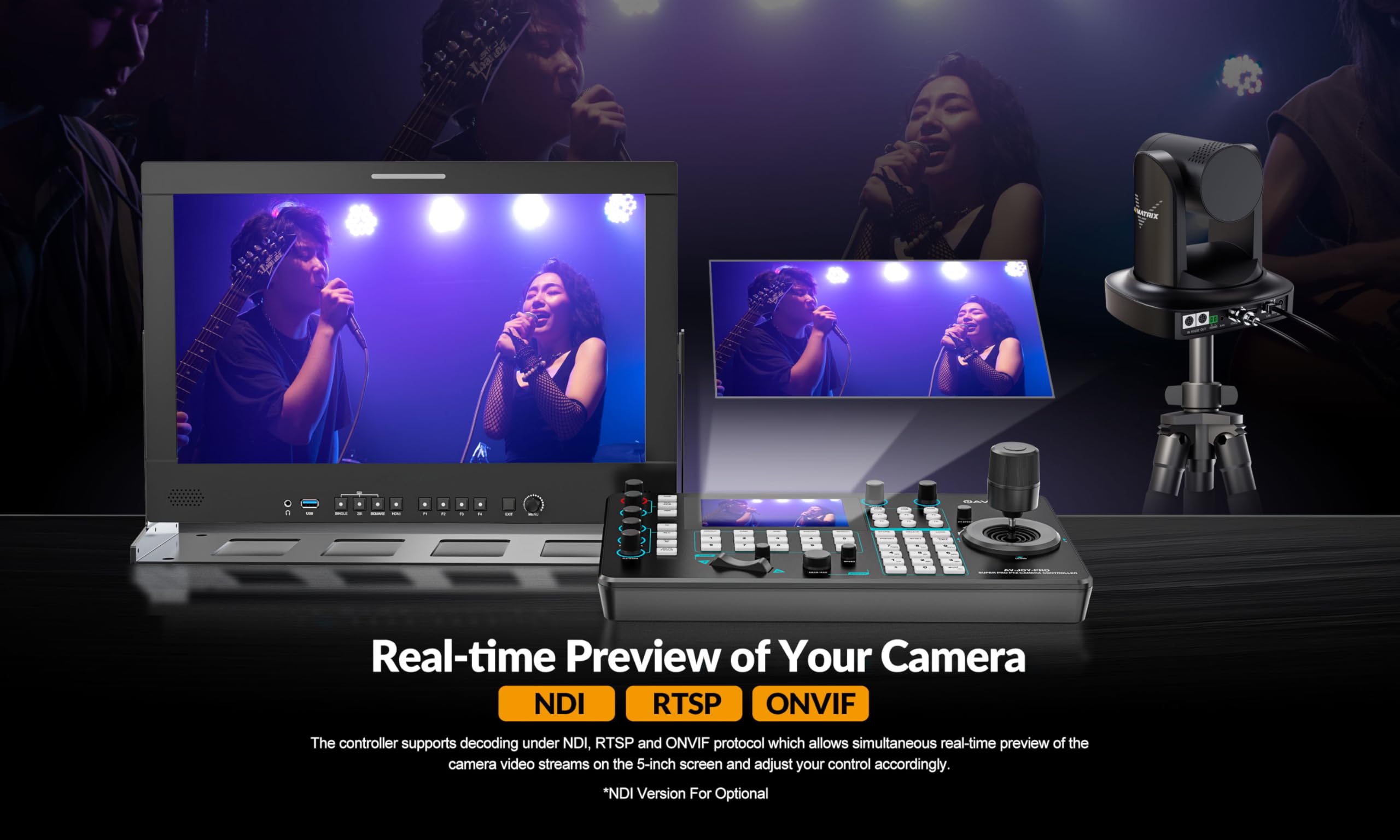 AVKANS Pro PTZ Camera Joystick Controller with 5-inch Touch Preview LCD, IP NDI Camera Controller Keyboard with 4D Joystick for Worship Church Live Streaming Video Production, PoE Enable