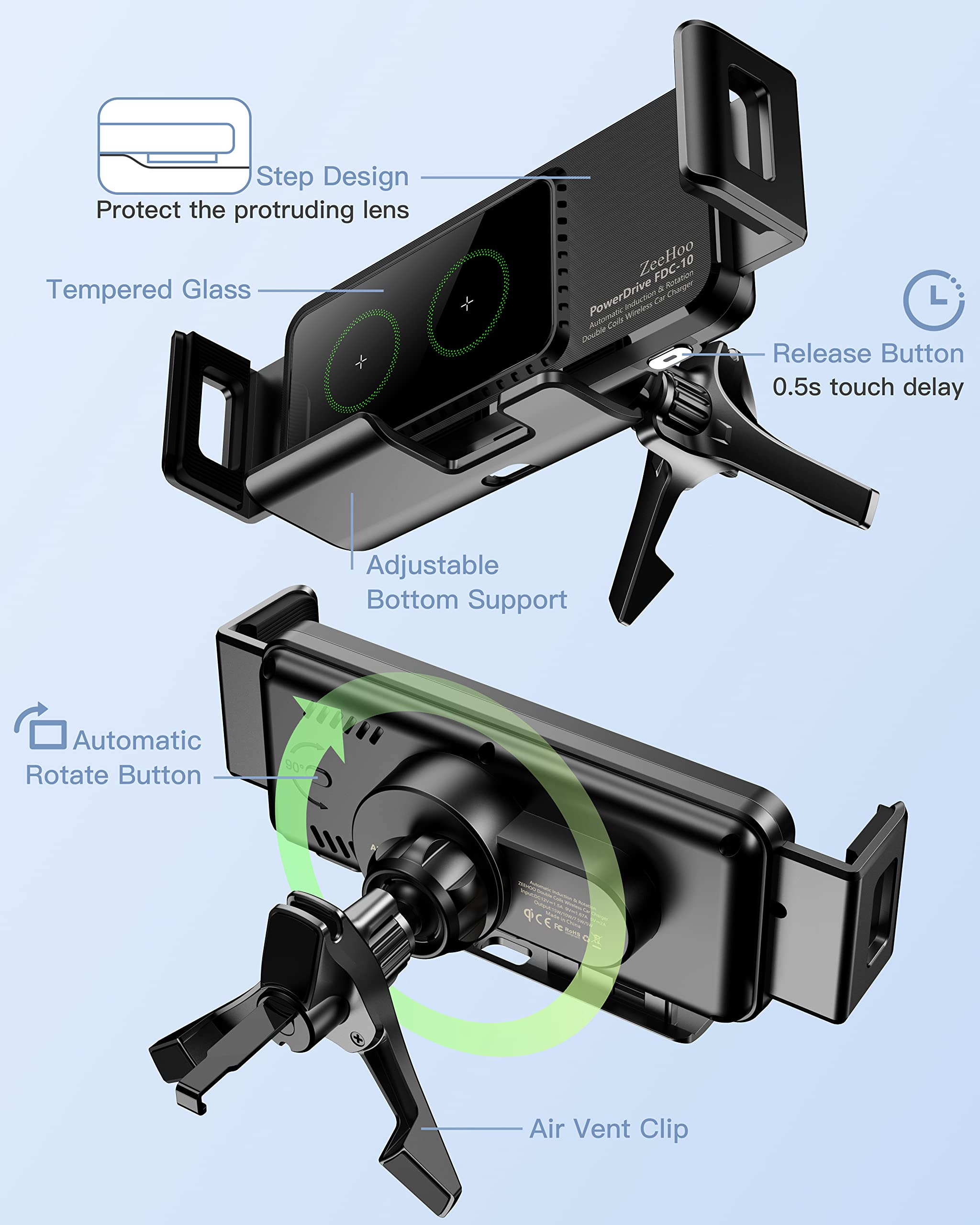 [Dual Coils] Wireless Car Charger, ZeeHoo 15W Fast Charging Auto-Clamping Car Mount, Qi Air Vent Phone Holder for Samsung Galaxy Z Fold/Flip 4 3 5G/S22/S21,iPhone 14 13 Pro Max, Google Pixel 6 Pro