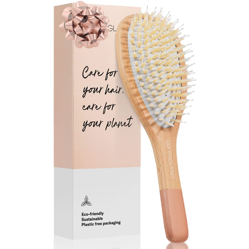 Wooden Hair Brush, Paddle Brush for Women with Soft Bristles - Sustainable Beech Detangling Hairbrush for All Hair Types by Lily England (Rose Gold)