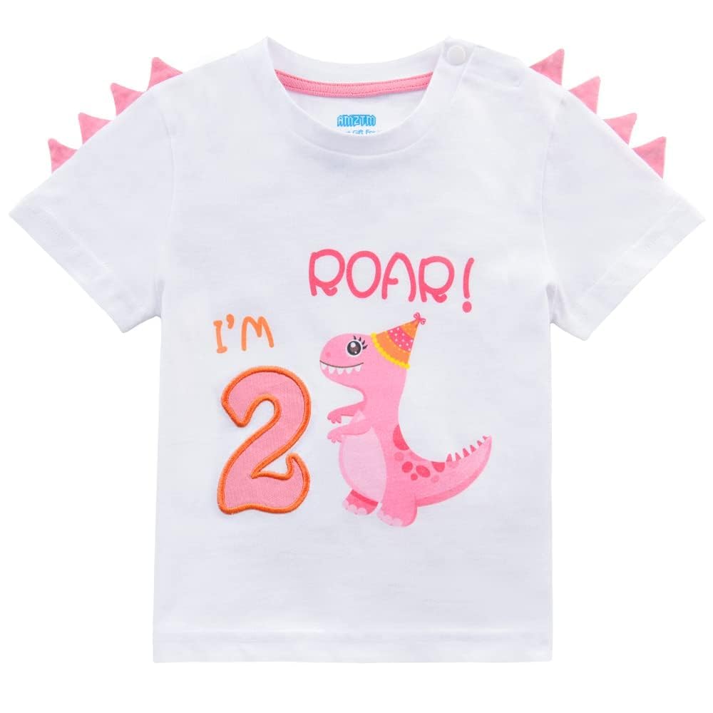 AMZTM Girl 2nd Birthday T-Shirt Dinosaur Party B-Day Themed Tee Toddler Gift(White, 3T)