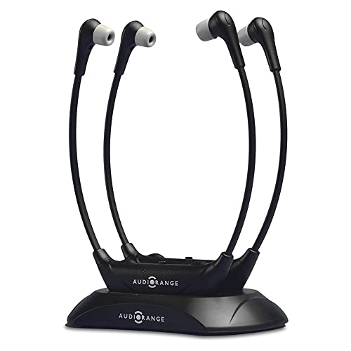 【NEW Model】Seniors & Hard of Hearing | Dual Wireless TV Headset by AudioRange | Delay-Free, Lightweight, Comfortable, Rechargeable In-Ear Headphones for TV Watching, Television Amplifier