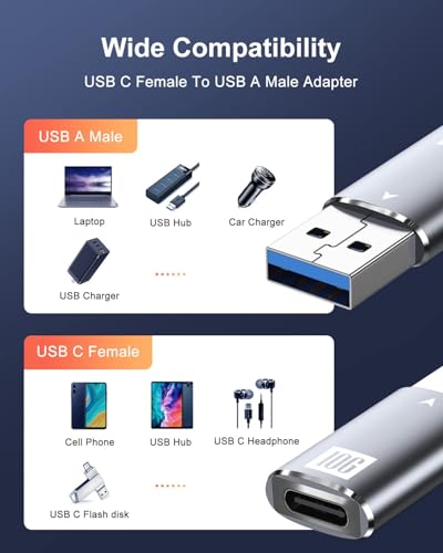 [10Gbps] USB C Female to USB Male Adapter, USB 3.1 A to USB C Adapter SuperSpeed Data Sync Compatible with iPhone 16/ iPhone 15 Plus Pro Max,Type-C Earphone, Laptop, Charger, Quest Link -Grey