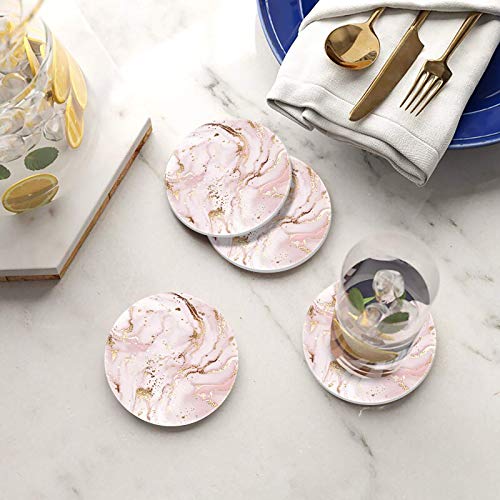 Lahome Pink Coasters for Drinks Absorbent with Holder,Set of 6 Marble Pattern Ceramic Stone Coaster Set with Cork Backing for Mugs Cups Wooden Coffee Table Protection,4 Inches