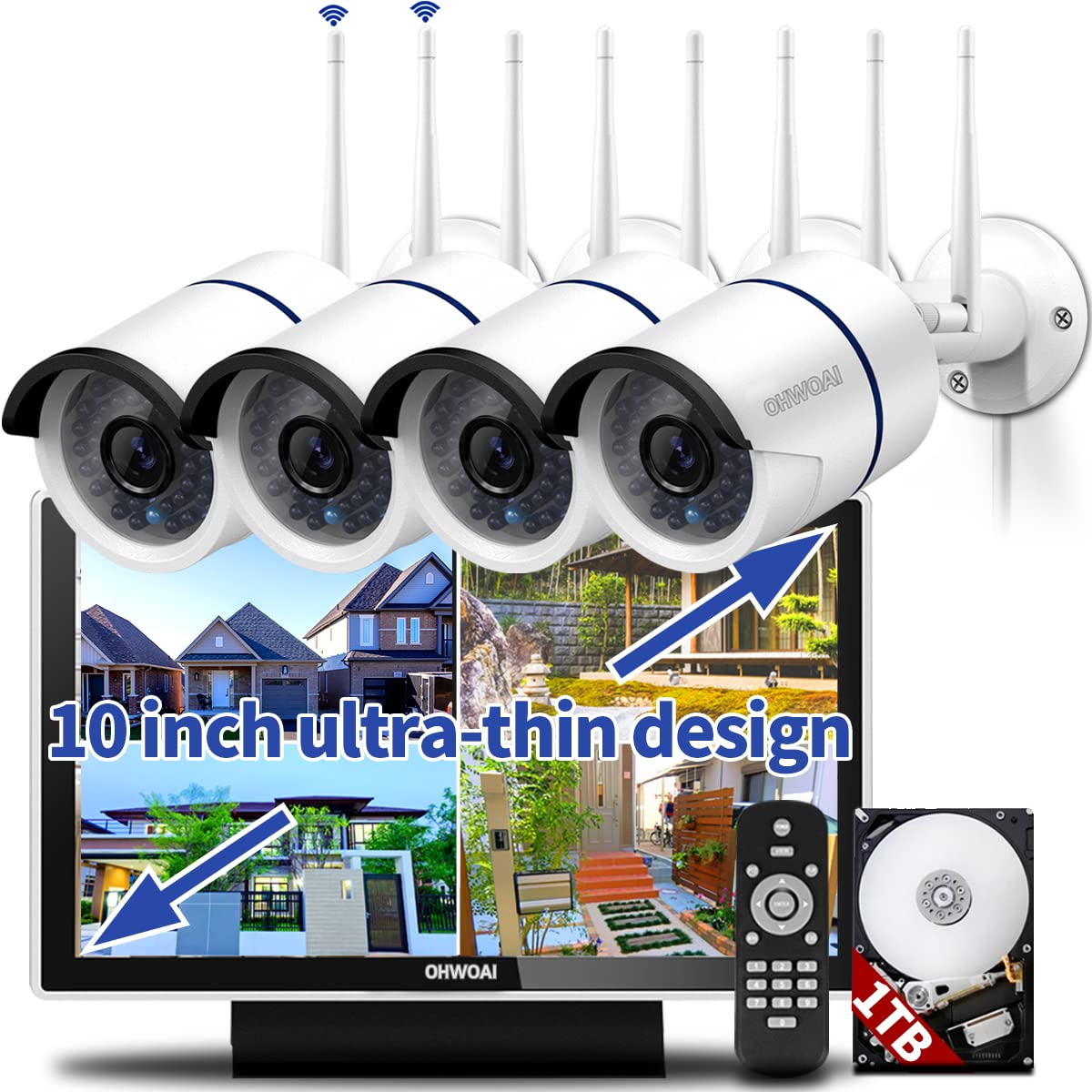 [2 Antenna Signal Enhance & 100ft Super Night Vision] Wireless Security Camera System Outdoor, 4pcs 3MP CCTV Camera Security System Wireless, Home WiFi Video Surveillance NVR Kits, All in One Monitor