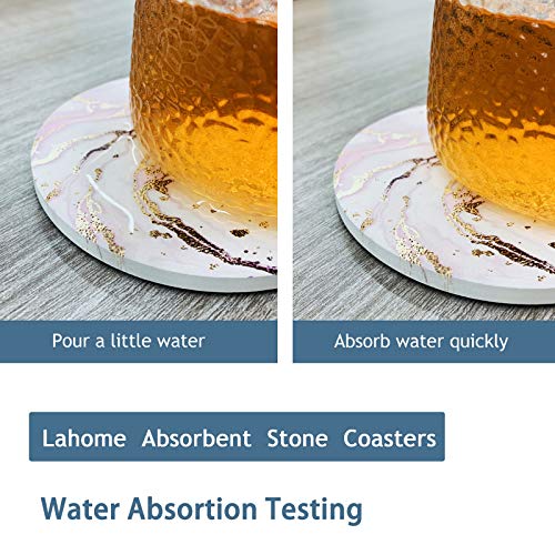 Lahome Pink Coasters for Drinks Absorbent with Holder,Set of 6 Marble Pattern Ceramic Stone Coaster Set with Cork Backing for Mugs Cups Wooden Coffee Table Protection,4 Inches