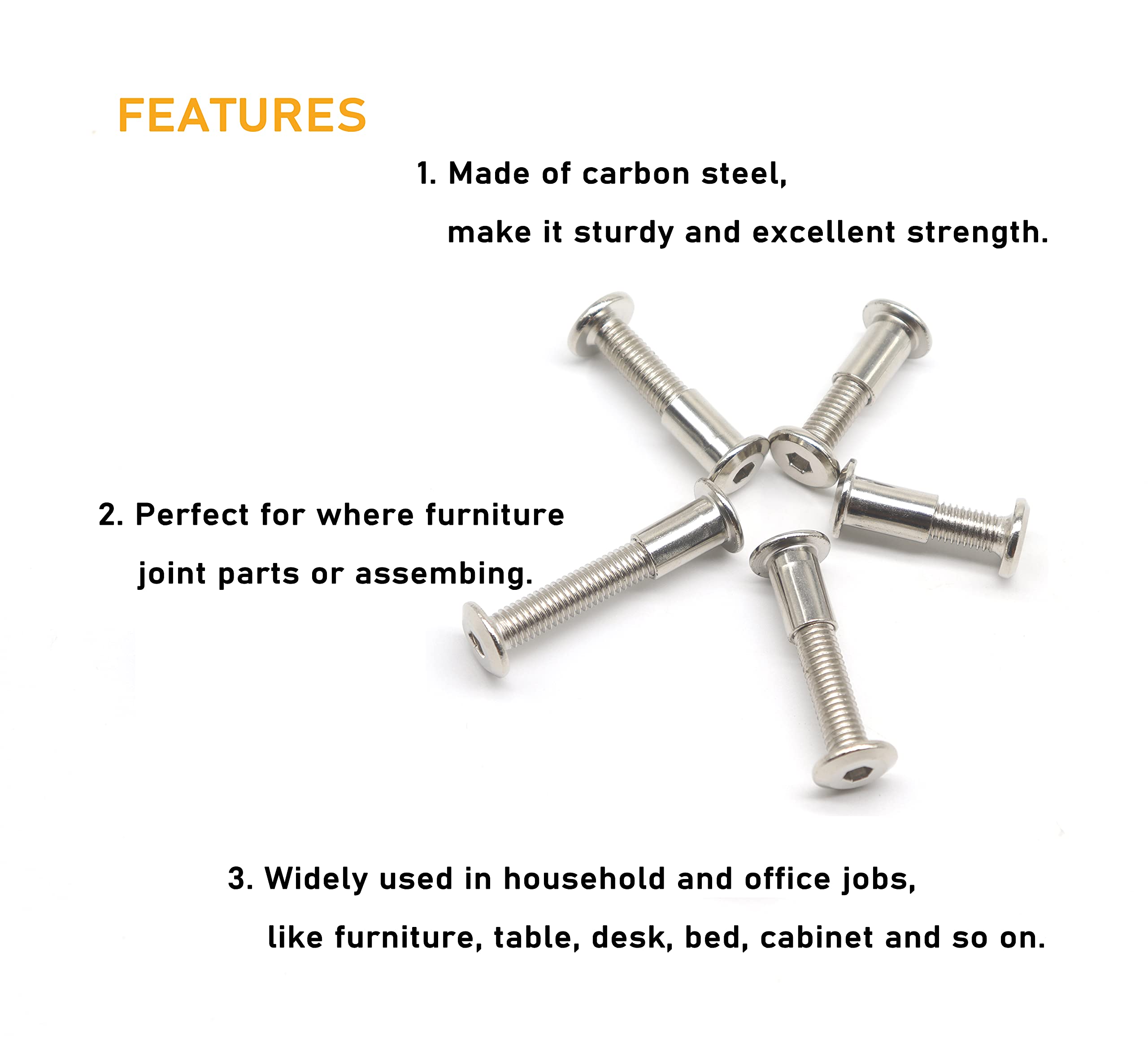binifiMux 50pcs M8x20mm/25mm/30mm/35mm/40mm Rivet Countersunk Hex Socket Cap Bolts and Hex Head Barrel Nuts Assortment Kit for Furnitures Cribs Chairs, Nickel Plated