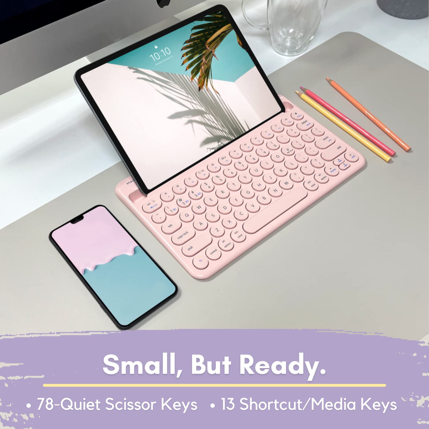 Macally Bluetooth Keyboard for Tablet | Wireless Keyboard for iPad | iPhone Keyboard (Multi-Device, Built-in Stand, Rechargeable) Easy to Use and Cute Portable Keyboard