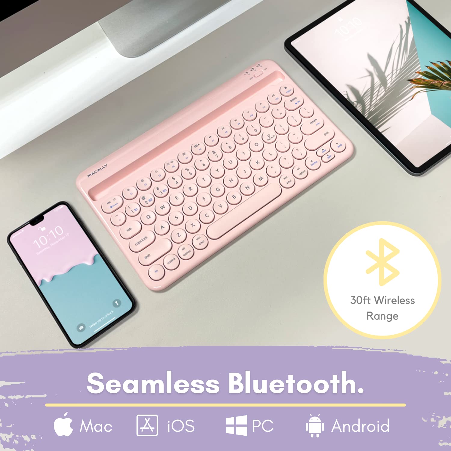 Macally Bluetooth Keyboard for Tablet | Wireless Keyboard for iPad | iPhone Keyboard (Multi-Device, Built-in Stand, Rechargeable) Easy to Use and Cute Portable Keyboard