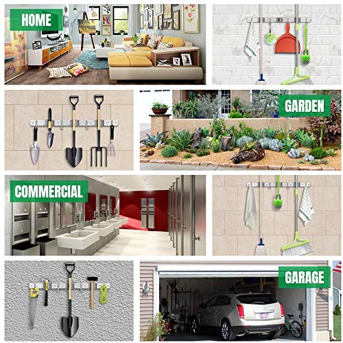 1 Pack Broom Mop Holder Wall Mount Garage Organization Wall Organizer Storage Broom Closet Kitchen Organization Heavy Duty Garage Tools Hanger with 3 Racks 4 Hooks for Garden Laundry Room (Green)