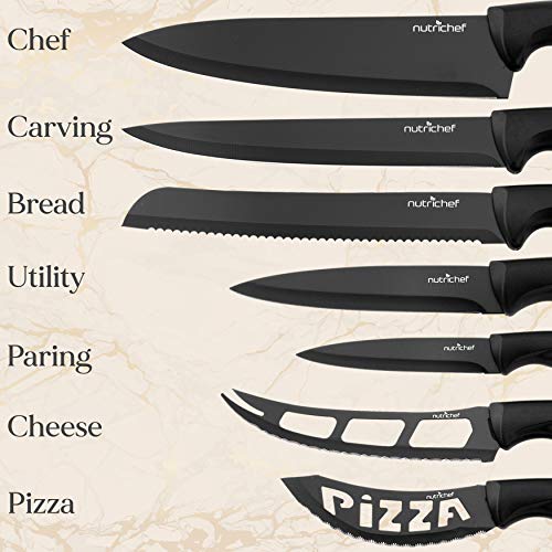 NutriChef 17 Piece Kitchen Knife Set - Stainless Steel Kitchen Precision Knives Set w/ 6 Steak Knives & Bonus Sharpener, Scissors, Peeler, Acrylic Block Stand - Slicing, Chopping, Dicing - NCKNS17