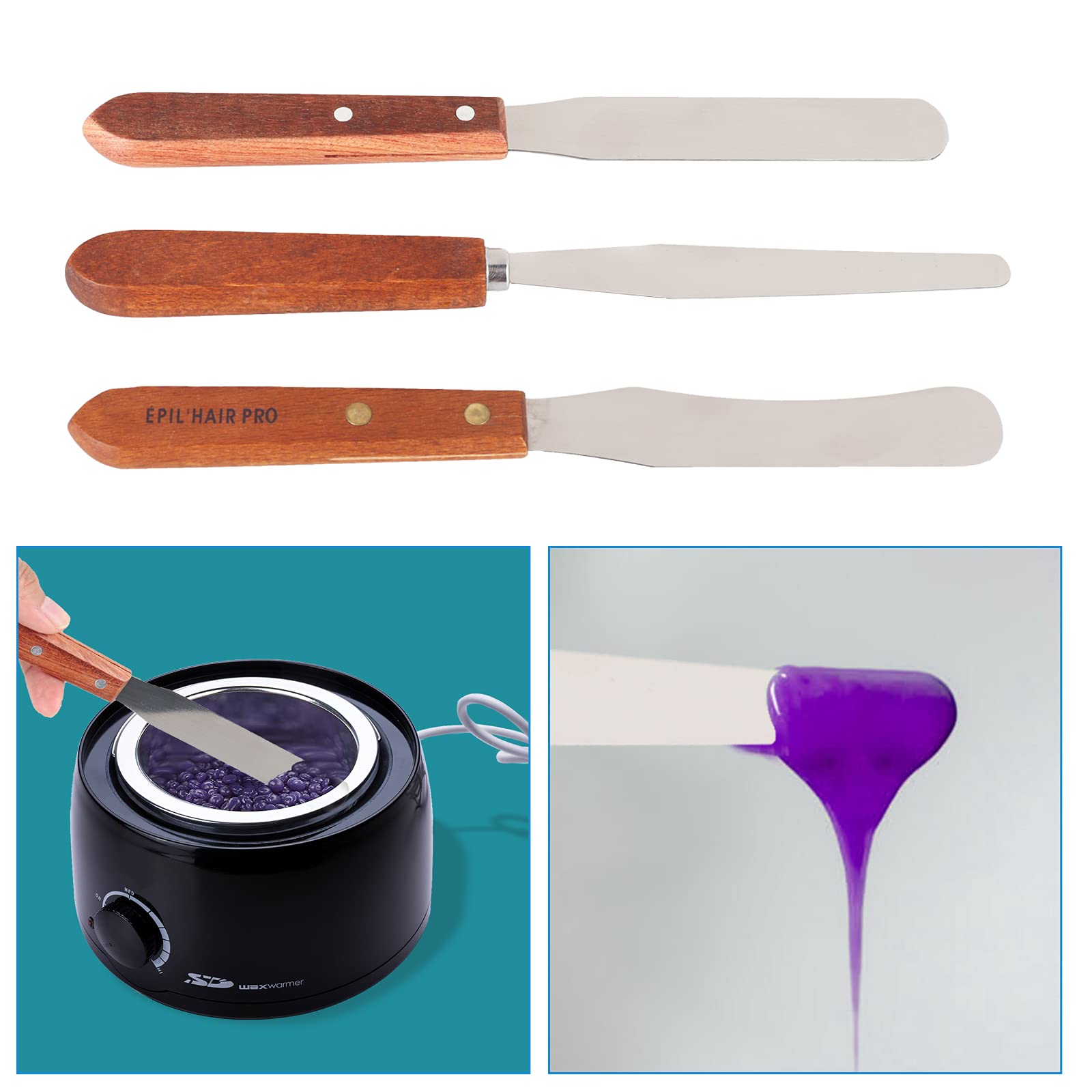 V+trys 3 PCS Stainless Steel Wax Spatulas, Straight Metal Spatulas Applicator Sticks, Reusable Wax Spatulas Applicator Body Waxing Sticks with Wooden Handle for Body Hair Eyebrow Removal