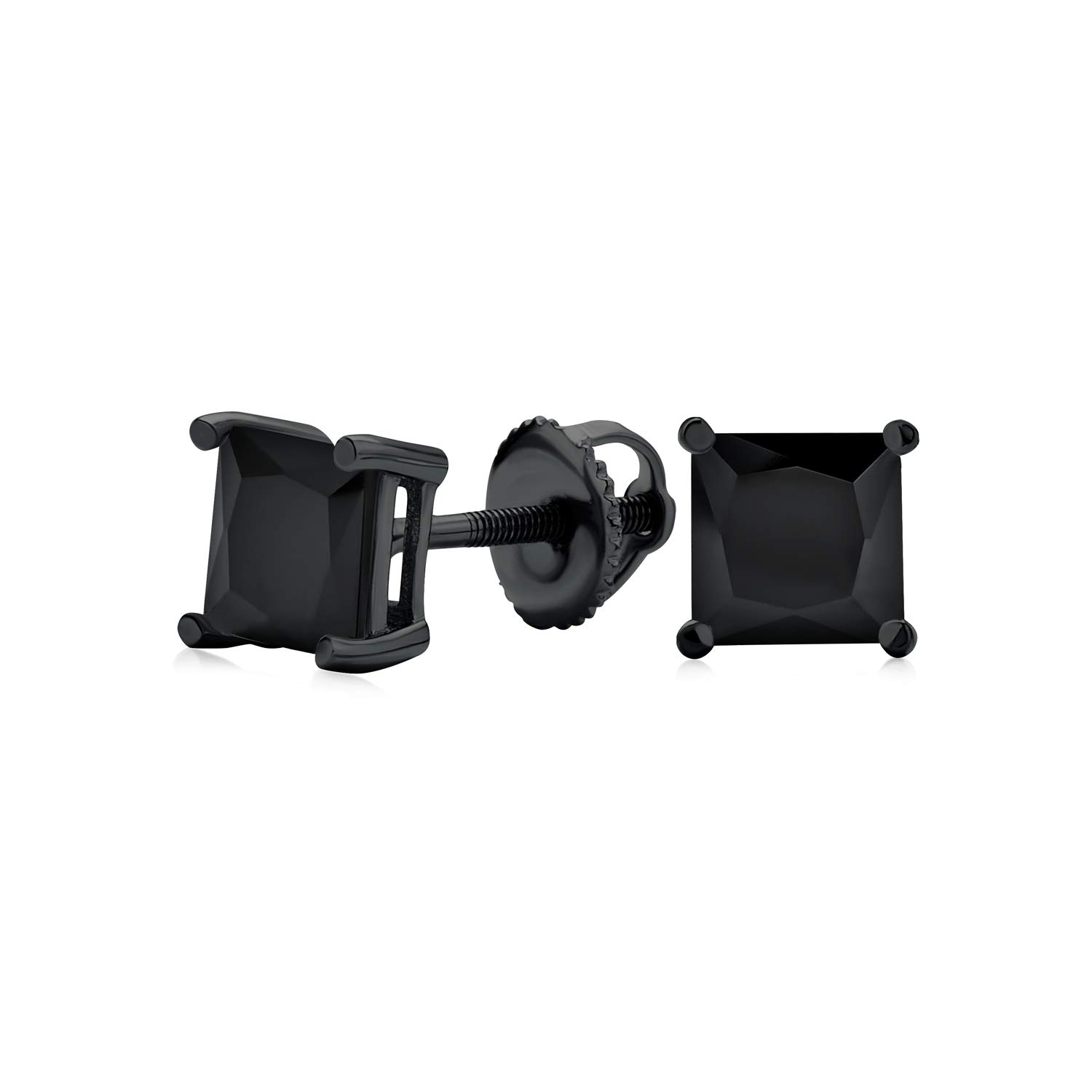 .50 CT Black On Black Square Princess Cut Cubic Zirconia Solitaire Stud Earrings For Men Women CZ Secure Screw Back Black Plated .925 Sterling Silver 5MM