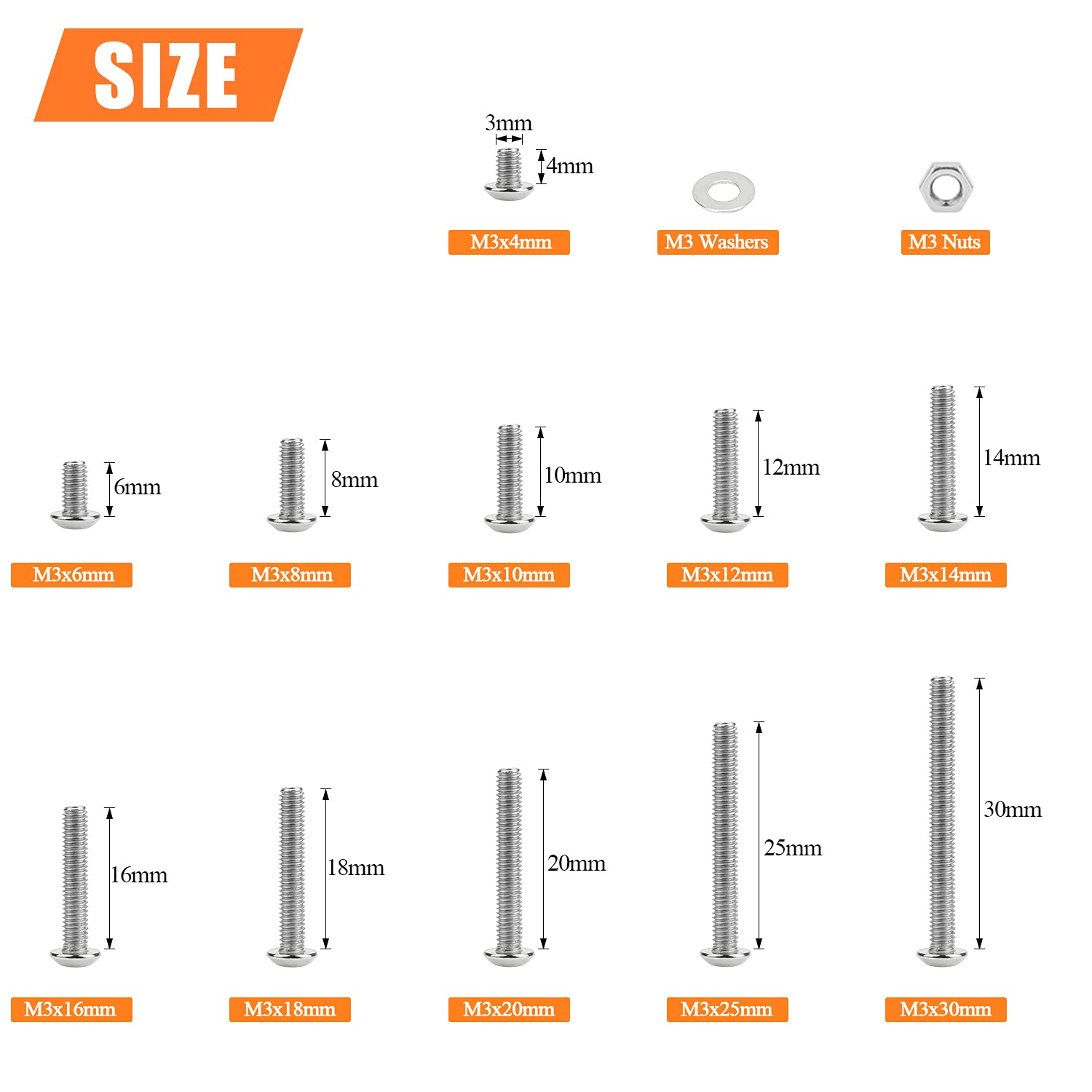 HELIFOUNER 565 Pieces M3 x 4mm /6mm /8mm /10mm /12mm /14mm /16mm /18mm /20mm /25mm / 30mm, Button Head Socket Cap Metric Screws Bolts Washers Nuts Kit, 304 Stainless Steel