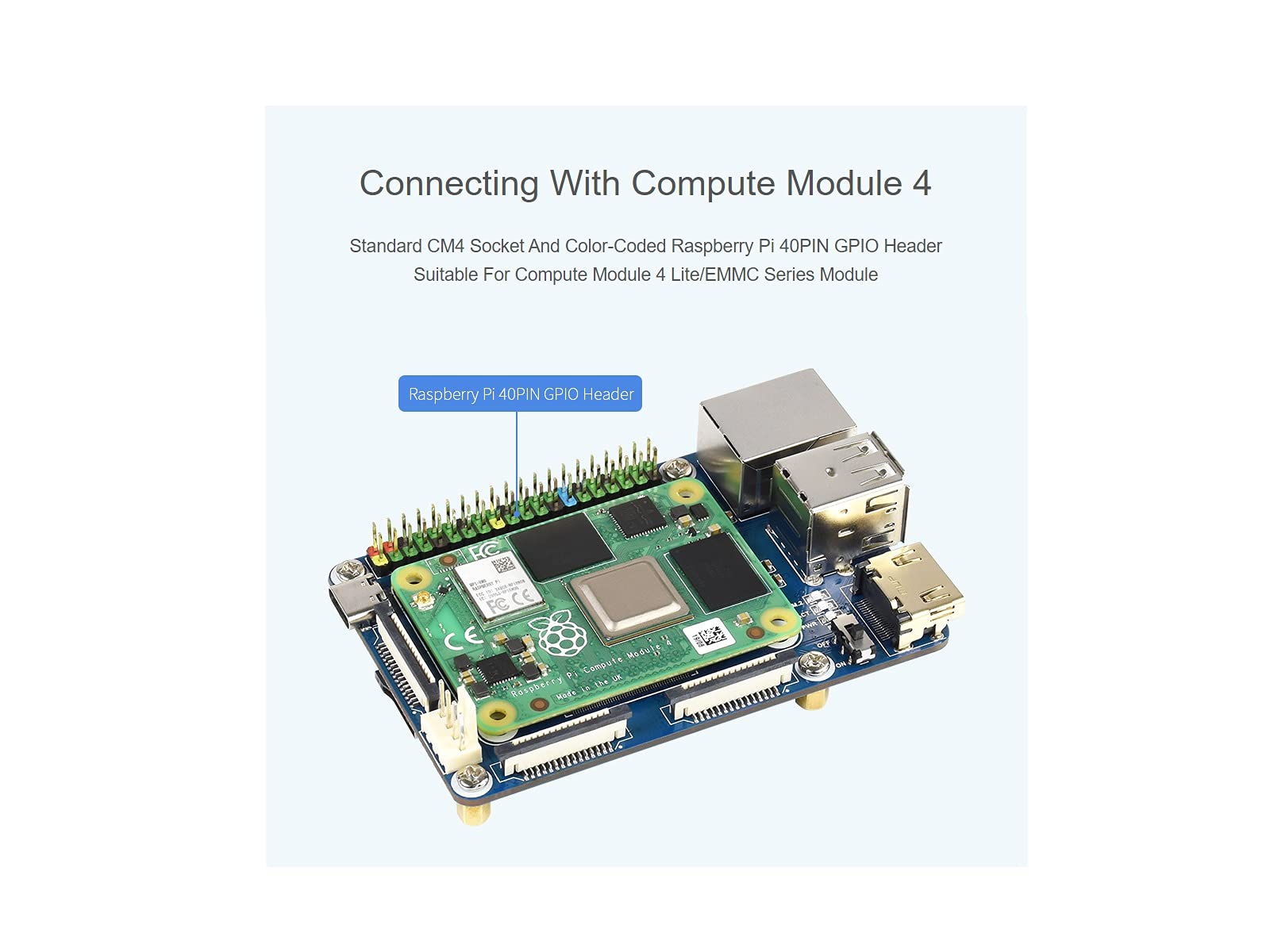 for Raspberry Pi Compute Module 4 IO Board,Mini Base Board (A) Lite Version with Standard CM4 Socket and Color-Coded Raspberry Pi 40PIN GPIO Header Onboard CSI/DSI/FAN/HDMI/USB/RJ45 Connectors