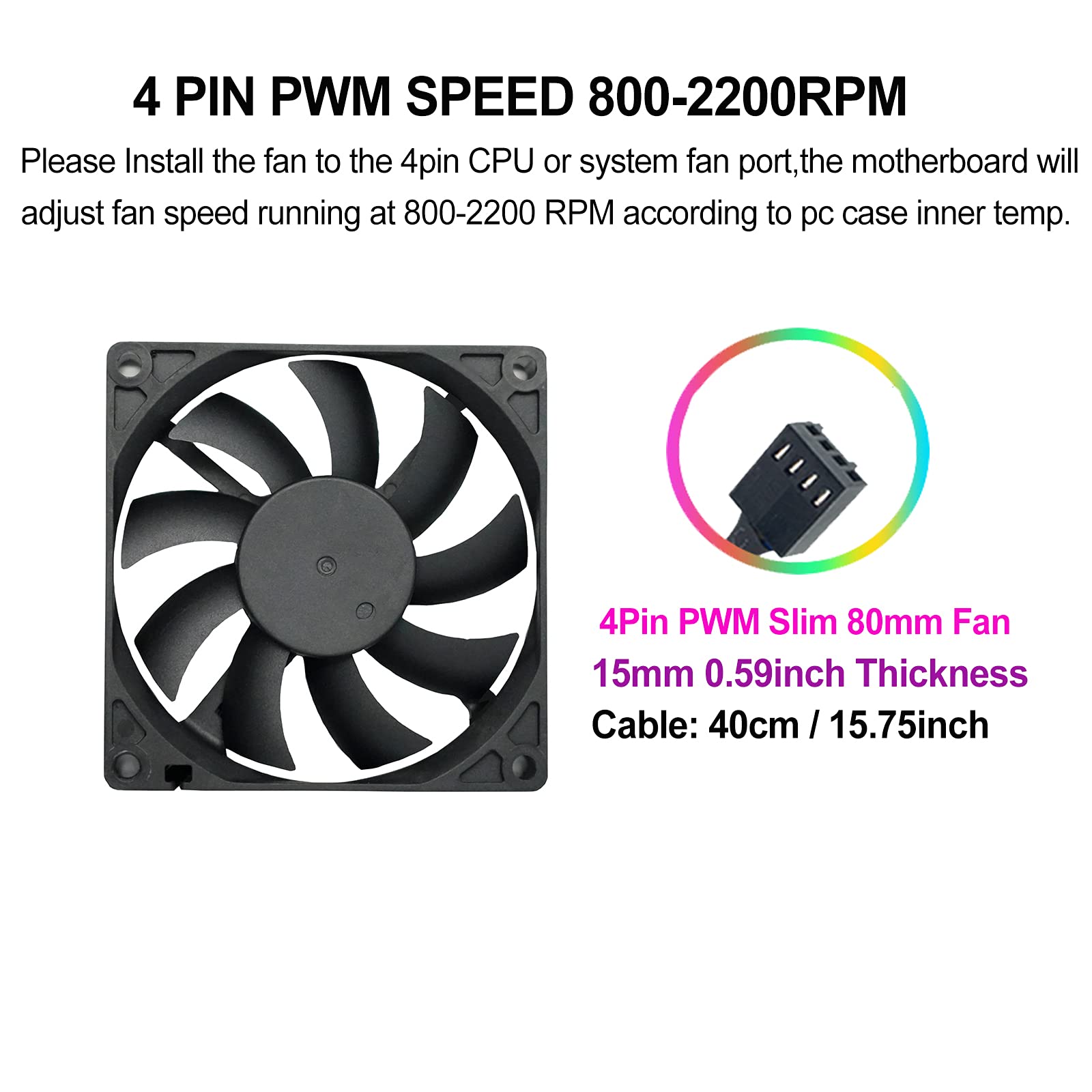 80mm Slim Quiet Computer Fan 12V 80mm x80mm x15mm Silent PC Fan 4Pin PWM for Computer PC Case Mini- ITX Builds EVGA GPU CPU Cooler Radiator Cooling Fan 800-2200RPM 3-Pack