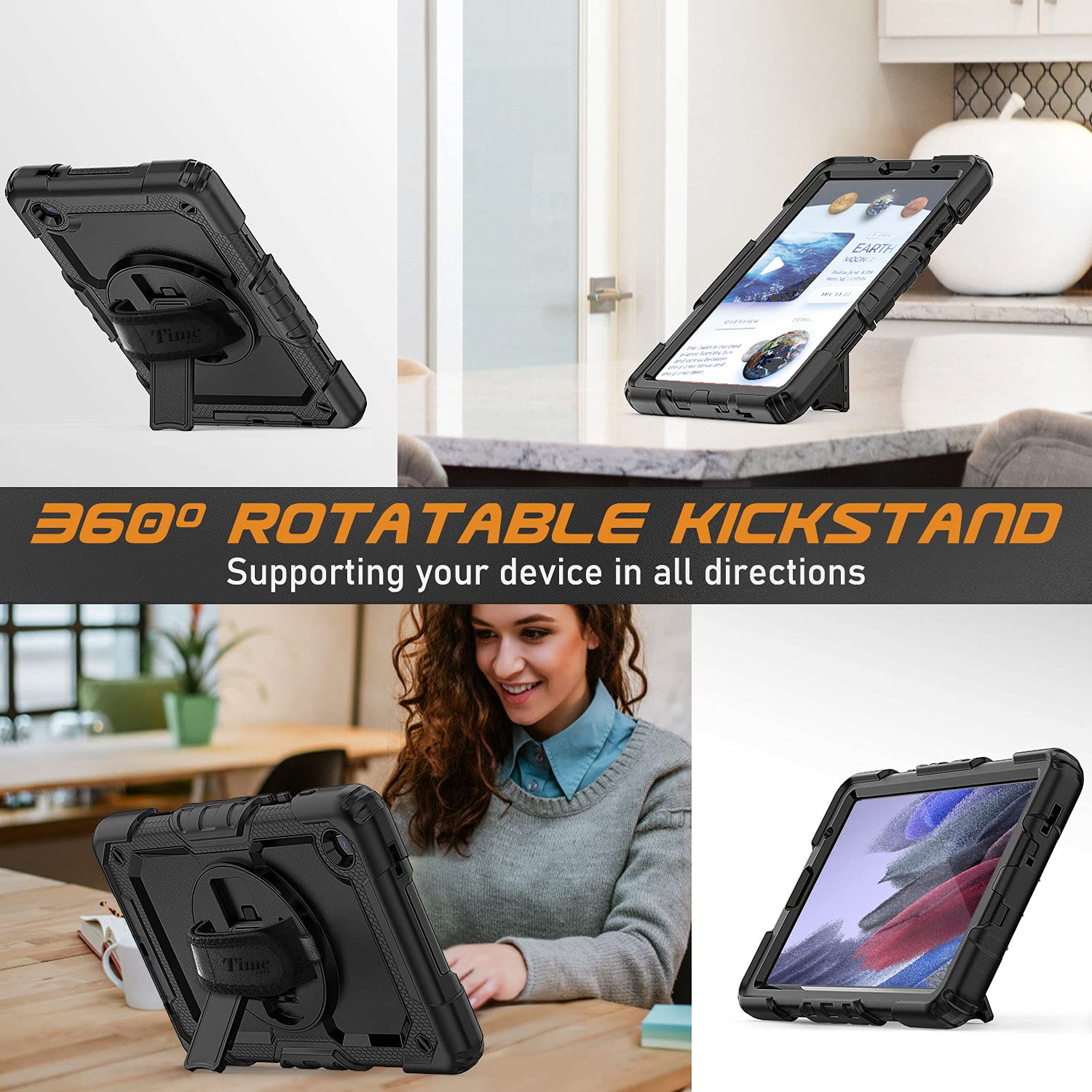 Timecity Case for Samsung Galaxy Tab A7 Lite 2021 8.7'' SM-T220/T225/T227 with Screen Protector, Heavy Duty Rugged Full-Body Protective Case with 360 Rotating Stand, Hand/Shoulder Strap Case, Black