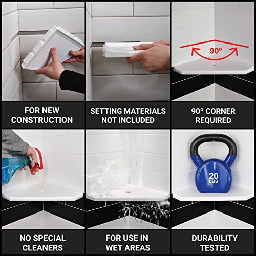 Questech Décor 8 Inch Corner Shower Shelf and 5 Inch Shower Caddy Soap Dish, Metro Lugged Back for New Construction, Mounted Bathroom Shower Organizer, Bright White Matte