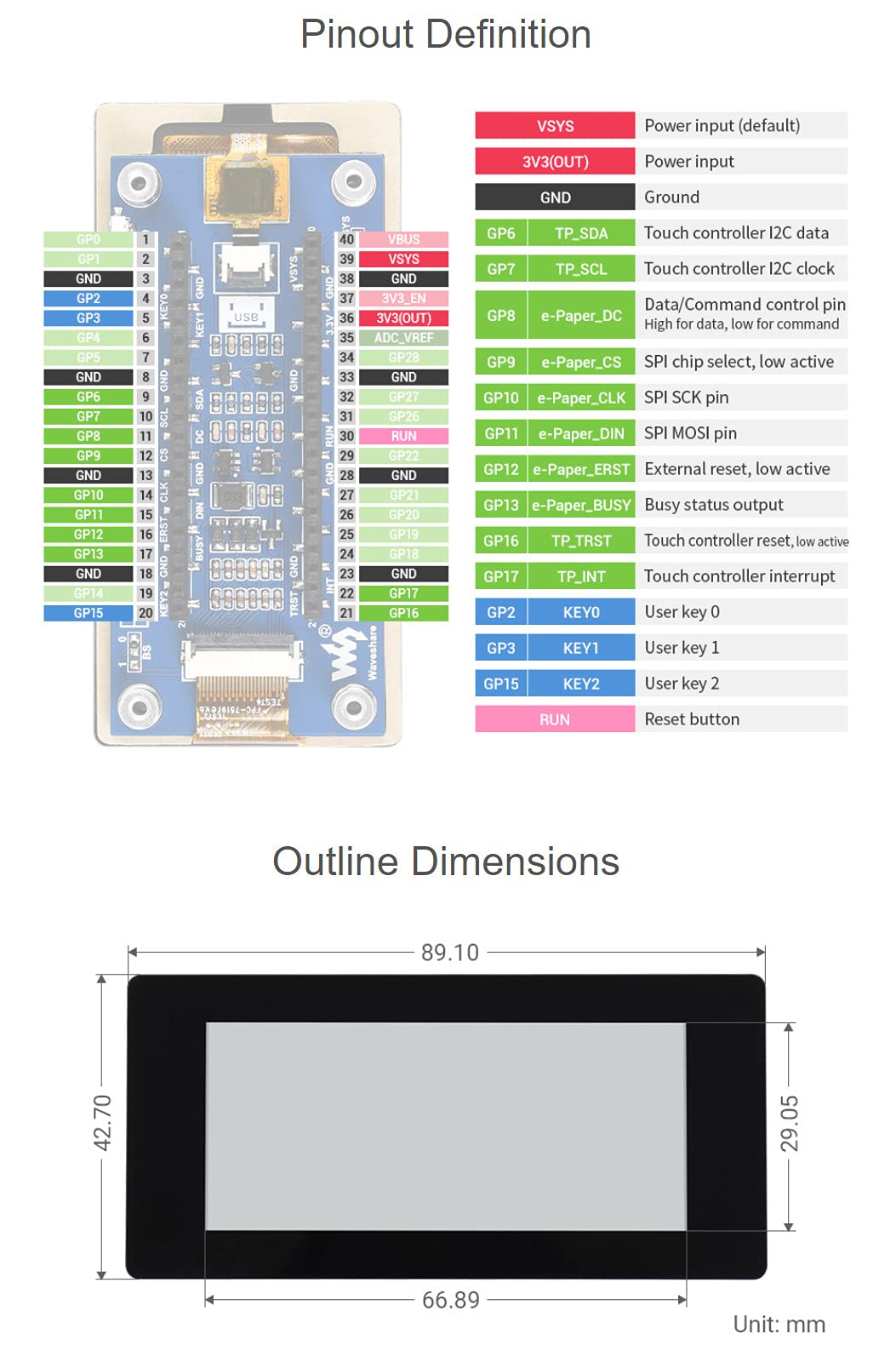 Coolwell 2.9inch Touch E-Paper Module for Raspberry Pi Pico, 5-Points Touch, 296×128 Pixels, Support Partial Refresh, Black/White, SPI Interface