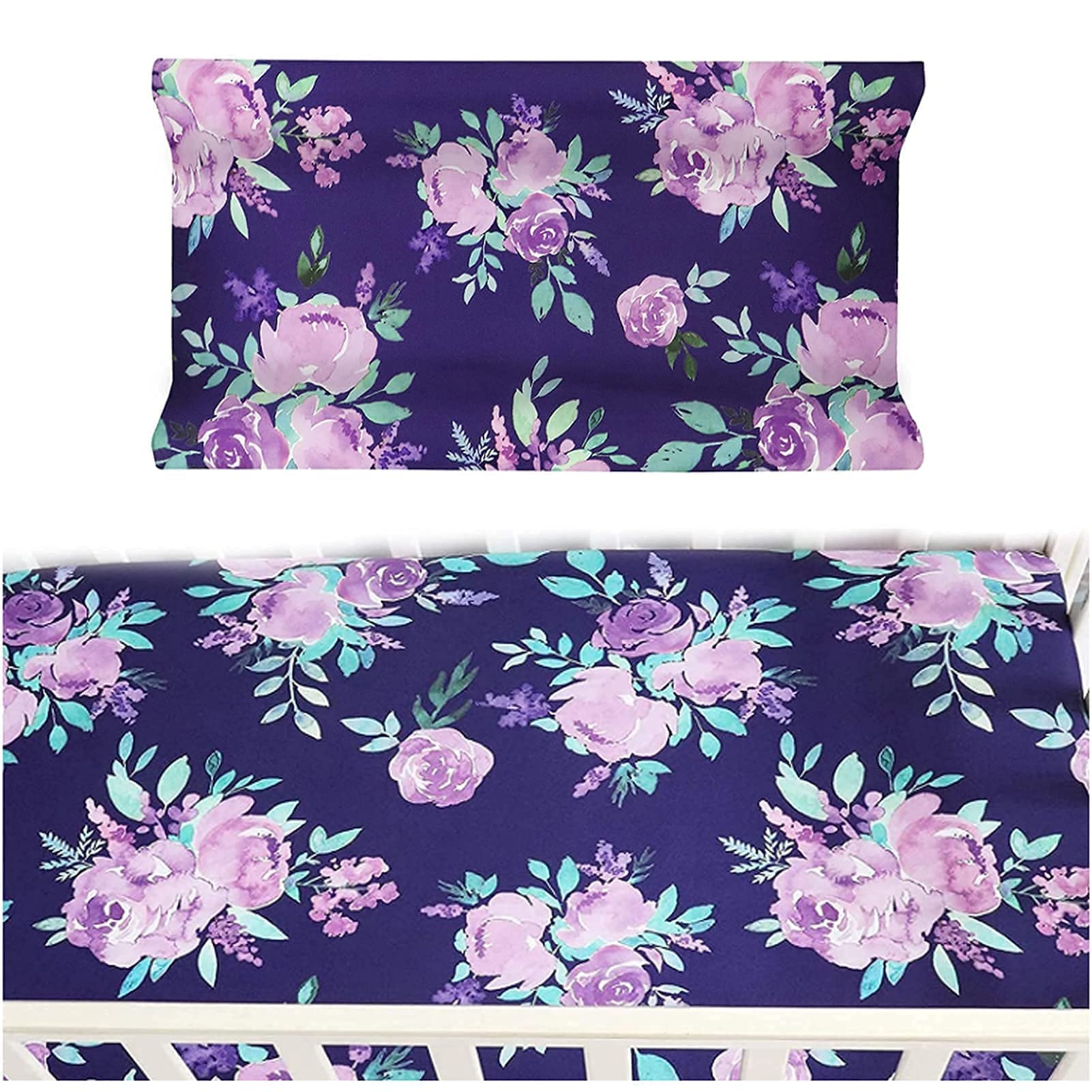 Girl Crib Sheet and Changing Pad Cover, Purple Flower Nursery Bedding, Flower Sheets for Baby Toddler Mattress