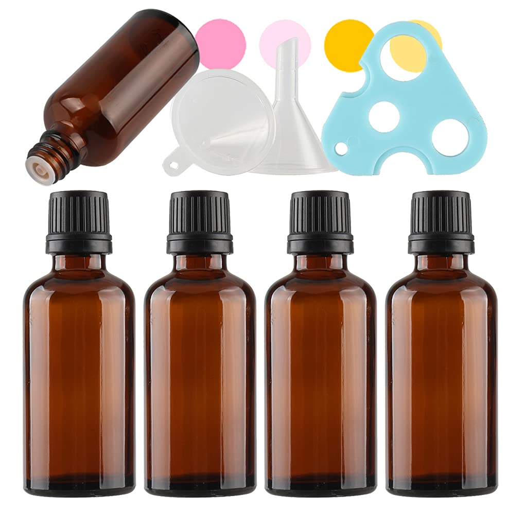 DLIBUY 4 Pcs Empty 50ml Brown Essential Oil Bottles with Dropper Black Tamper Evident Screw Cap Amber Glass Vials for Cosmetic Essential Oils Colognes Perfume Aromatherapy