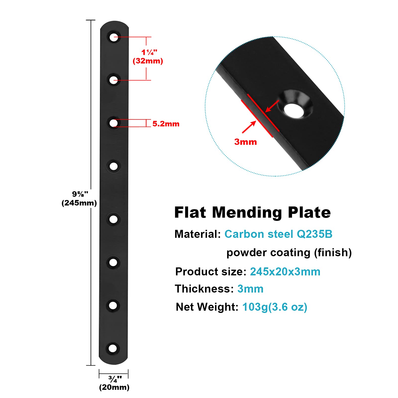 10 PCS Black Flat Mending Plate Steel Straps Straight Repair Plates Brace, 9-5/8" x 3/4" Joining Plates Repair Fixing Bracket Connector Thickness 1/8", Max. Load 60LB, Screw not Included