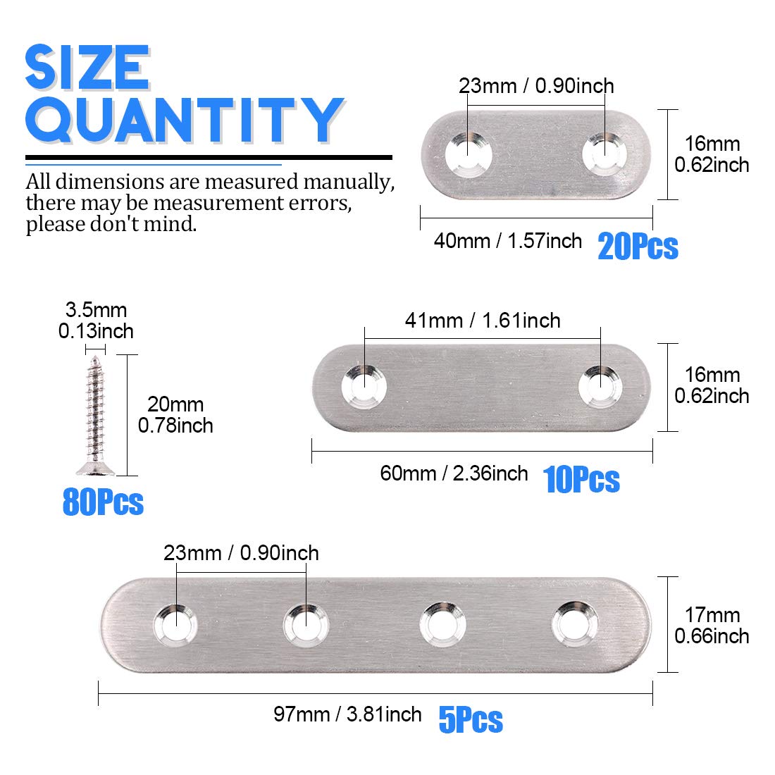 Glarks 35-Pieces 1.6 inch/ 2.4 inch/ 4 inch Stainless Steel Flat Straight Brace Brackets Mending Joining Plates Repair Fixing Bracket Connector and 80pcs Screws Set, Total 115pcs, Silver