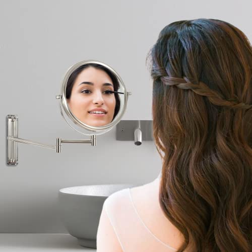 10 times magnification makeup mirror, wall-mounted makeup mirror can be moved up and down 8-inch bathroom double-sided mirror 360-degree rotation, 180-degree retractable folding brushed nickel