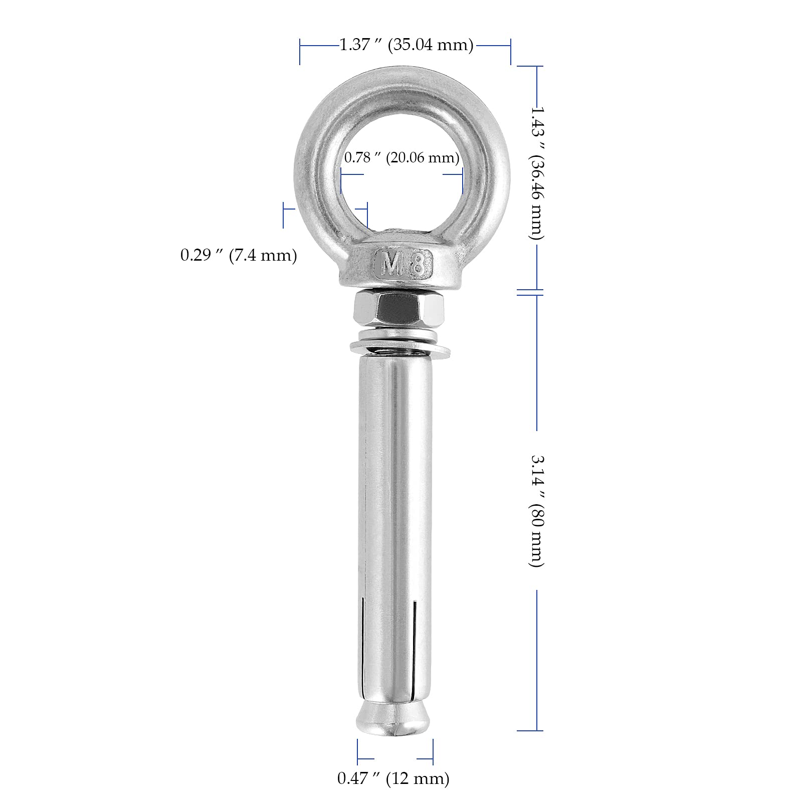 HEIHAK 10 Pack M8 x 80mm Expansion Eyebolt, Expansion Screw with Eye Ring Anchor, 304 Stainless Steel Ring Lifting Expansion Eyebolt Internal Bolt Fastener for Concrete, Wall, Masonry Surface