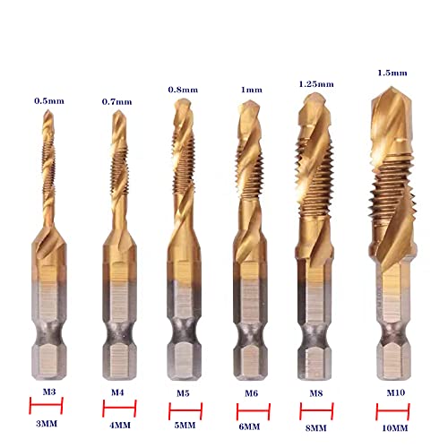 6 Pcs Titanium Combination Drill Tap HSS Bit Set,3 in 1 Drilling Tapping Burr Bit Set Screw Tapping with 1/4 Inch Hex Shank for Alloy, Wood, Plastic, Soft Metal, Etc.M3-M10(Long Handle