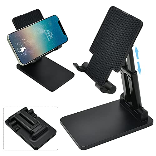 AdplT Foldable Phone Stand for Desk, Adjustable Angle Height Cell Phone Holder with Stable Anti-Slip Design, Universal Desktop Stand, for Smartphones Tablet Portable Monitor, Black