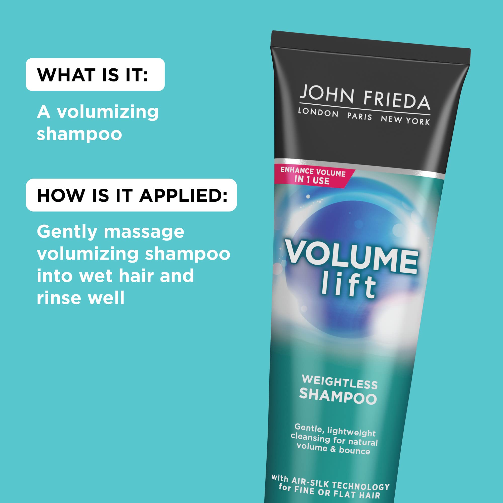 John Frieda Volume Lift Weightless Shampoo, Volumizing Shampoo with Air-Silk Technology for Fine or Flat Hair, Adds Natural Fullness, Safe for Color-Treated Hair, 8.45 Oz, Pack of 2
