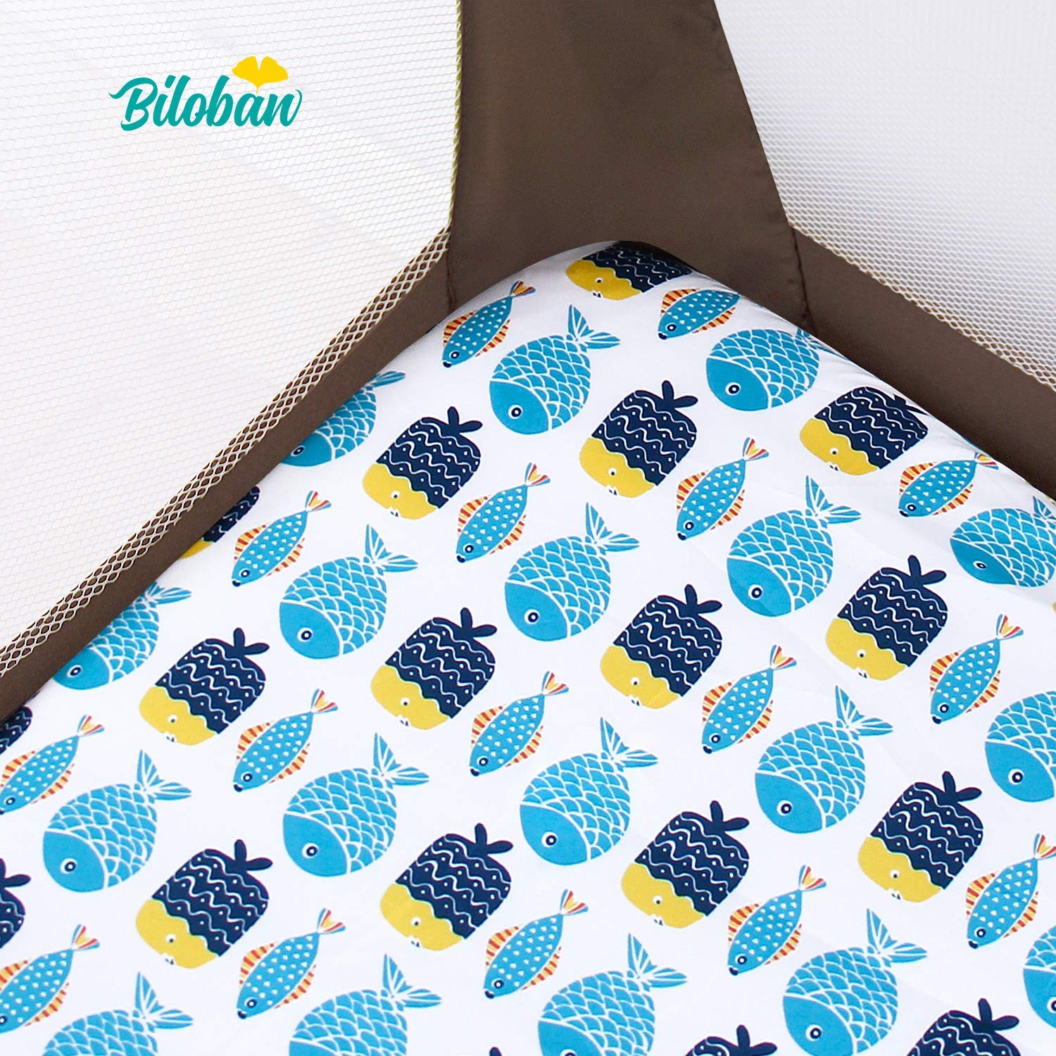 Biloban Pack n Play Sheet Fitted, 4 Pack Portable Playard Navy and Grey & Whale and Fish