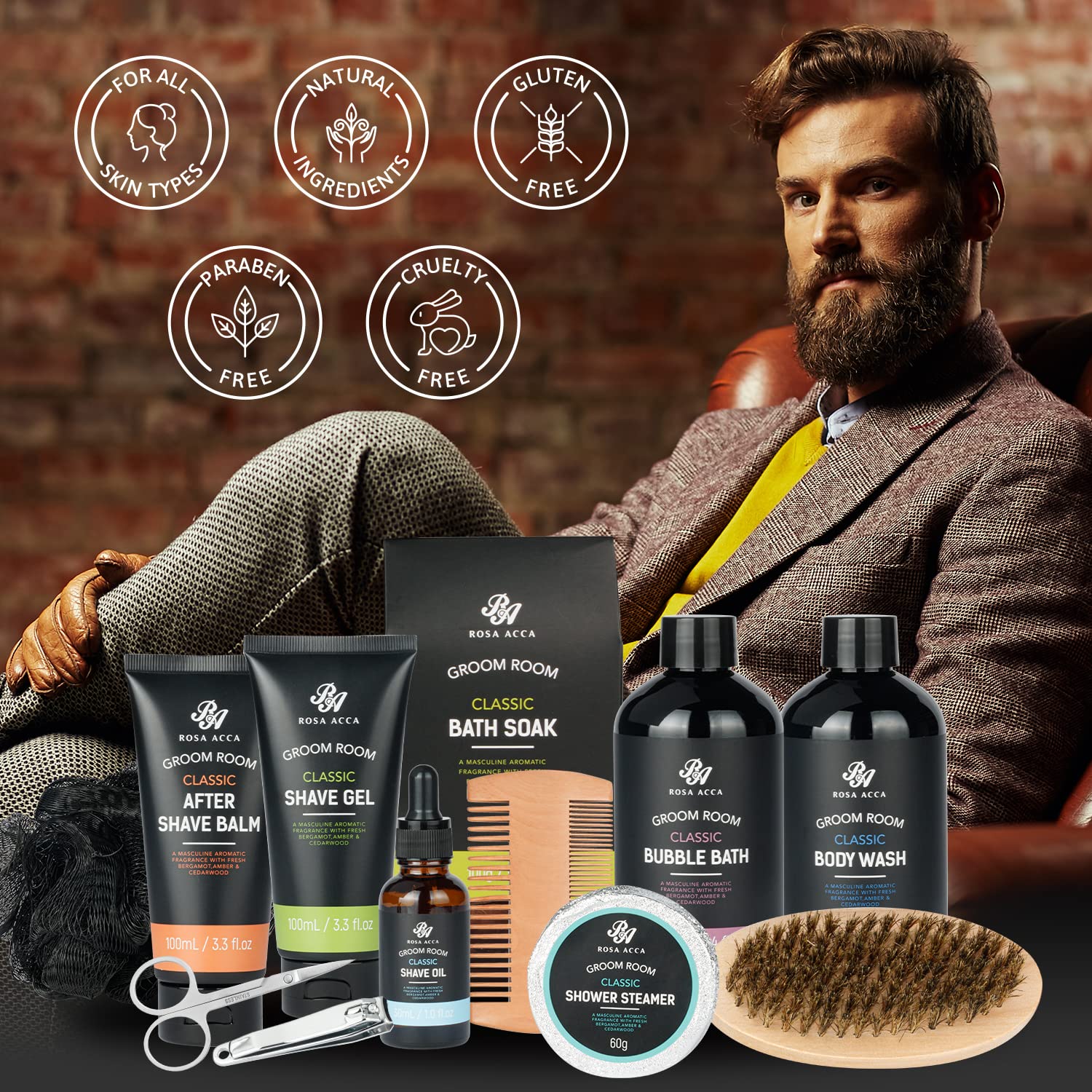 Bath Gift Set 14Pcs Beard Grooming, Bath & Body Spa Kit w/Beard Oil, Beard Balm, Beard Brush, Beard Comb, Beard Scissors, Storage Bag, Beard Growth Care for Men, Dad, Husband