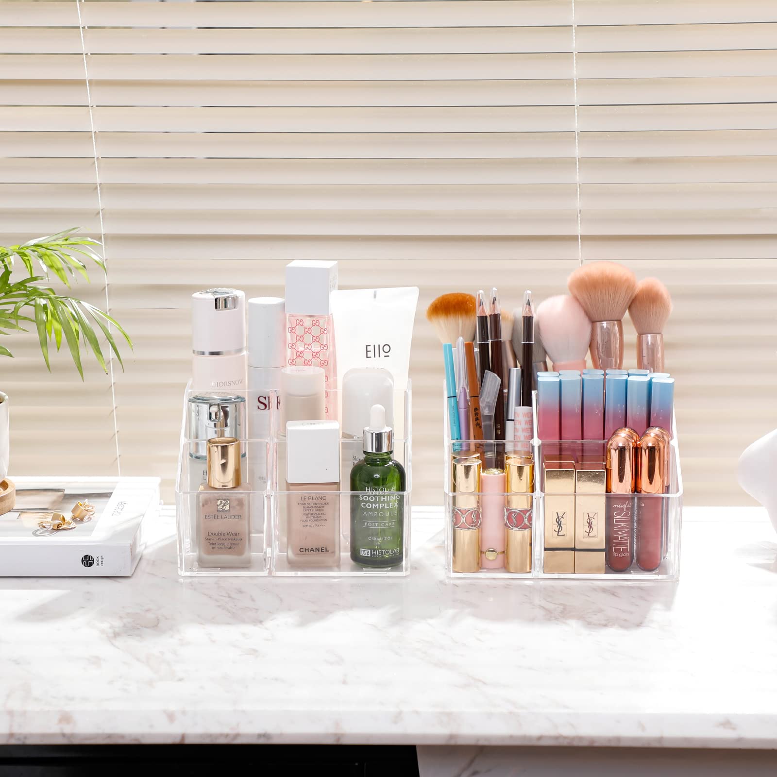 Yesesion Clear Makeup Organizer with 5 Compartments, Plastic Bathroom Counter Storage for Skincare, Toothbrush, Cosmetics Brushes, Palette, Lipsticks, Hair Accessories Holder for Vanity Dresser