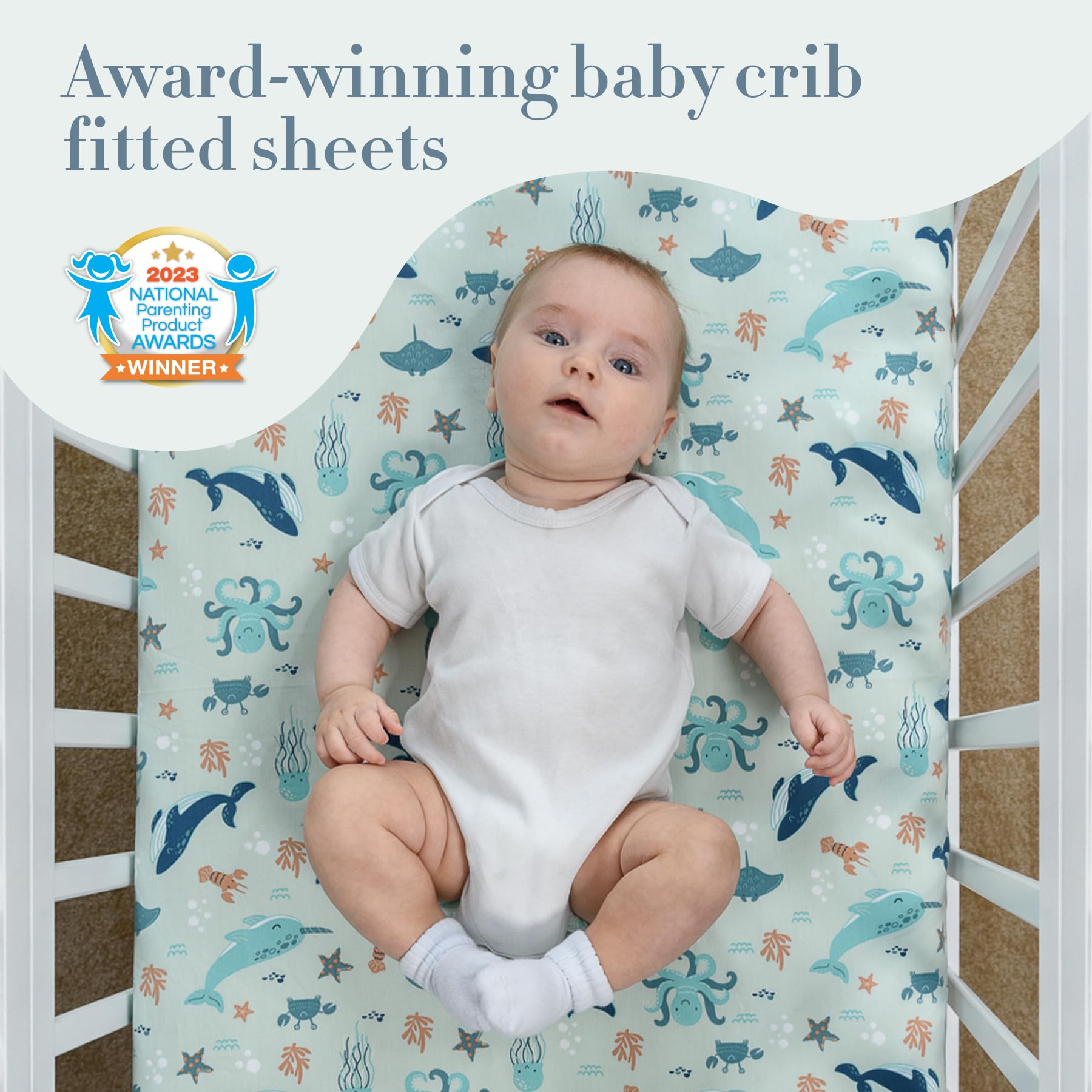 100% Cotton Crib Sheets for Baby Boys and Girls, Ocean Crib Sheets - Ocean Stars, Teal-White, 2 Pack Nautical Crib Sheets, Ocean Nursery Decor