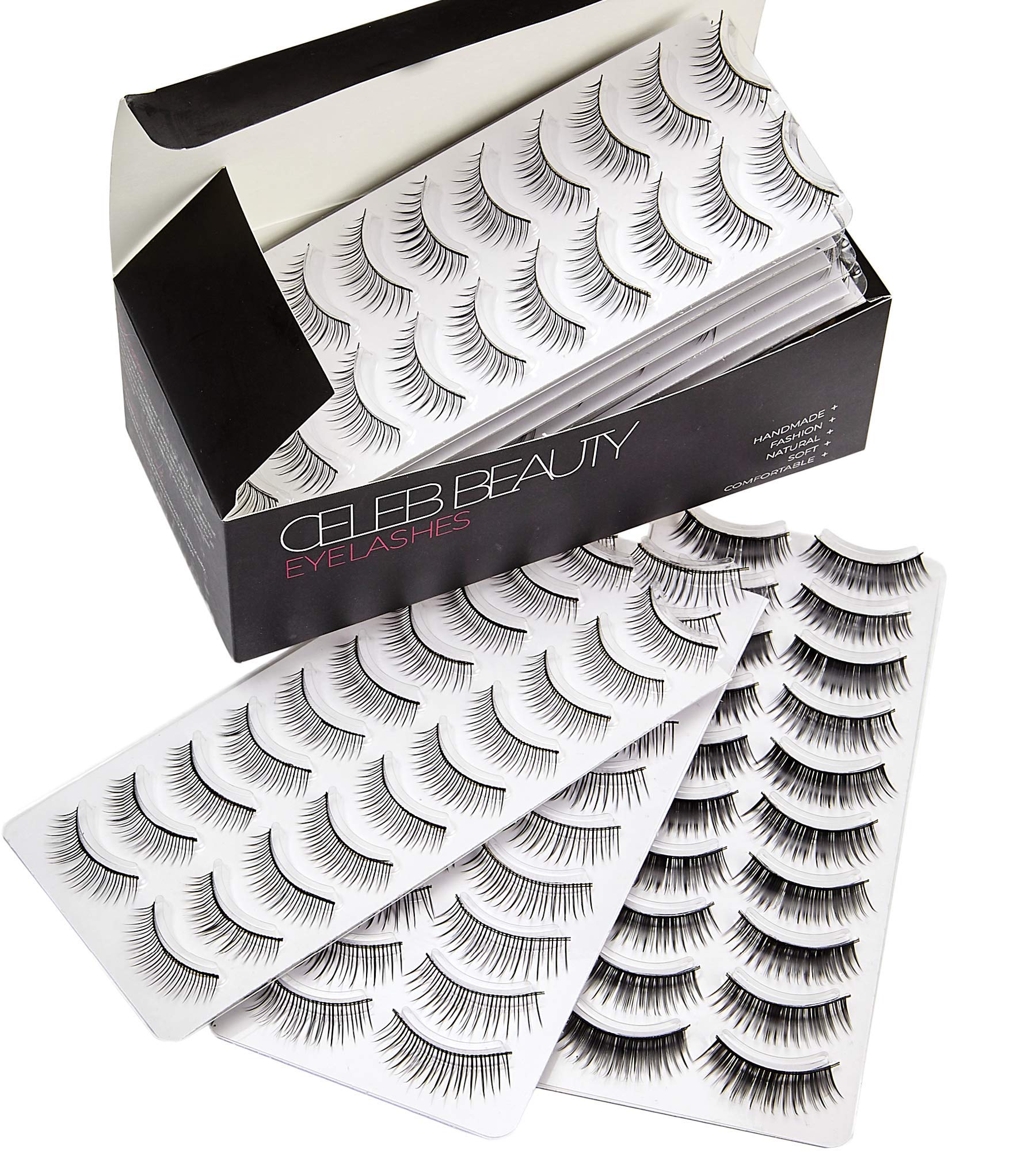 Celeb Beauty Eyelash Splashes 100 Pair Faux Lashes Variety Pack – Reusable Fake Eyelashes in 10 Styles – Hypoallergenic Strip False Lashes Set with Soft Natural, Fluttery Wispies, & Dramatic Falsies