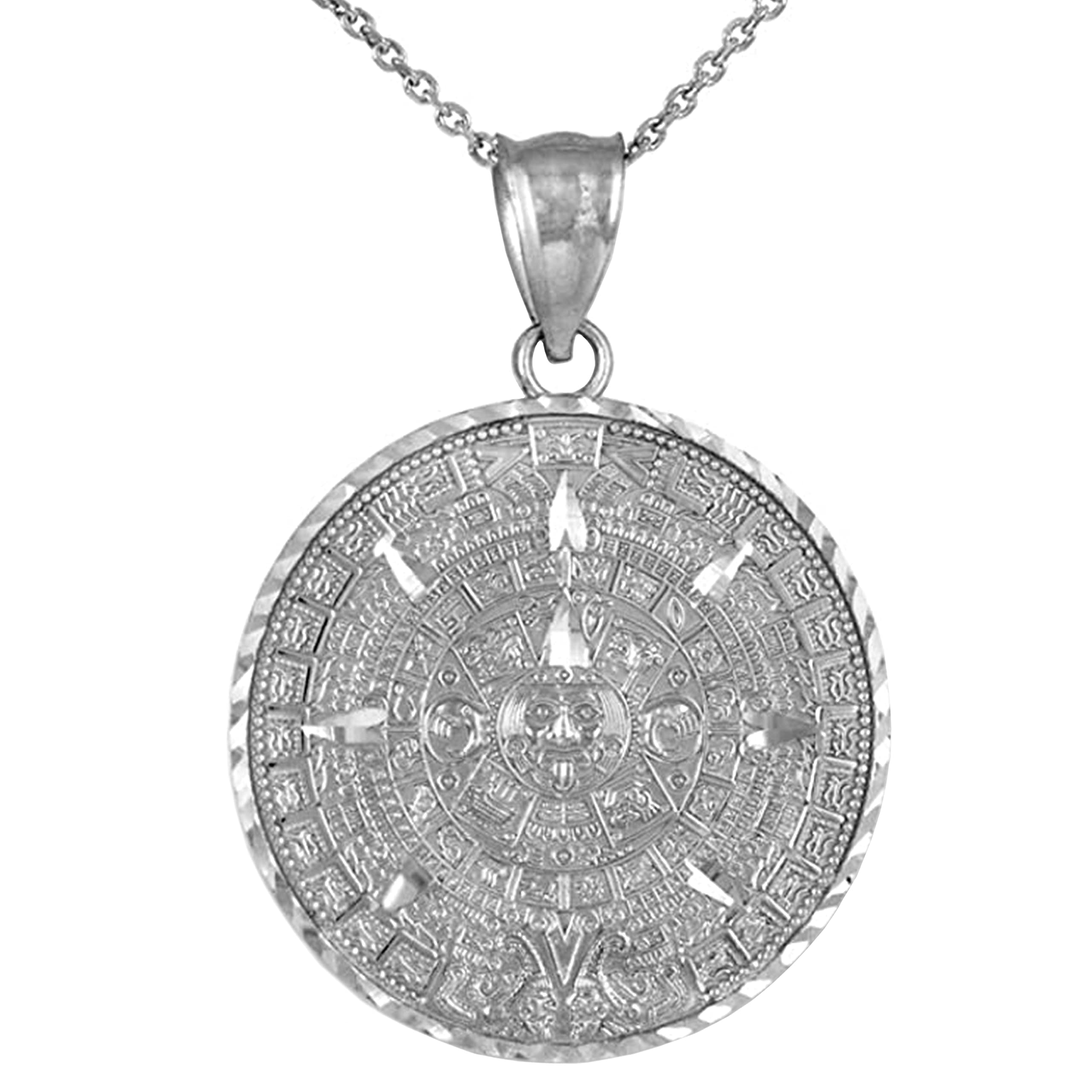 .925 Serling Silver Round Aztec Mayan Calendar Charm Pendant Necklace with Rolo Chain - 22"