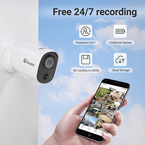 Swann Wireless Security Camera, Home Security Camera 1080p Full HD Indoor Outdoor Waterproof, Recharcheable Security Camera with Night Vision, 2-Way Talk, Heat, Motion Person Detection, Smart Alerts