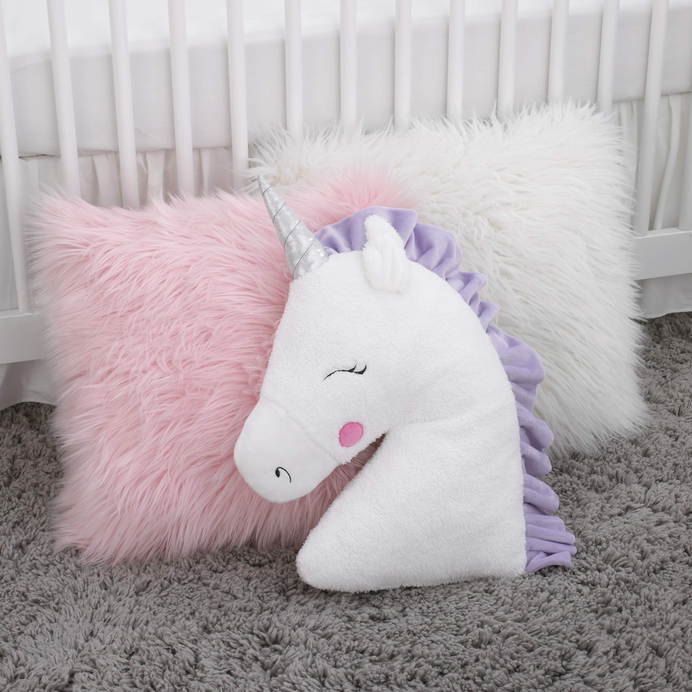 NoJo Shaped Plush Sherpa Decorative Pillow, 1 Count (Pack of 1), Unicorn-White, Lilac, Silver, Lavender