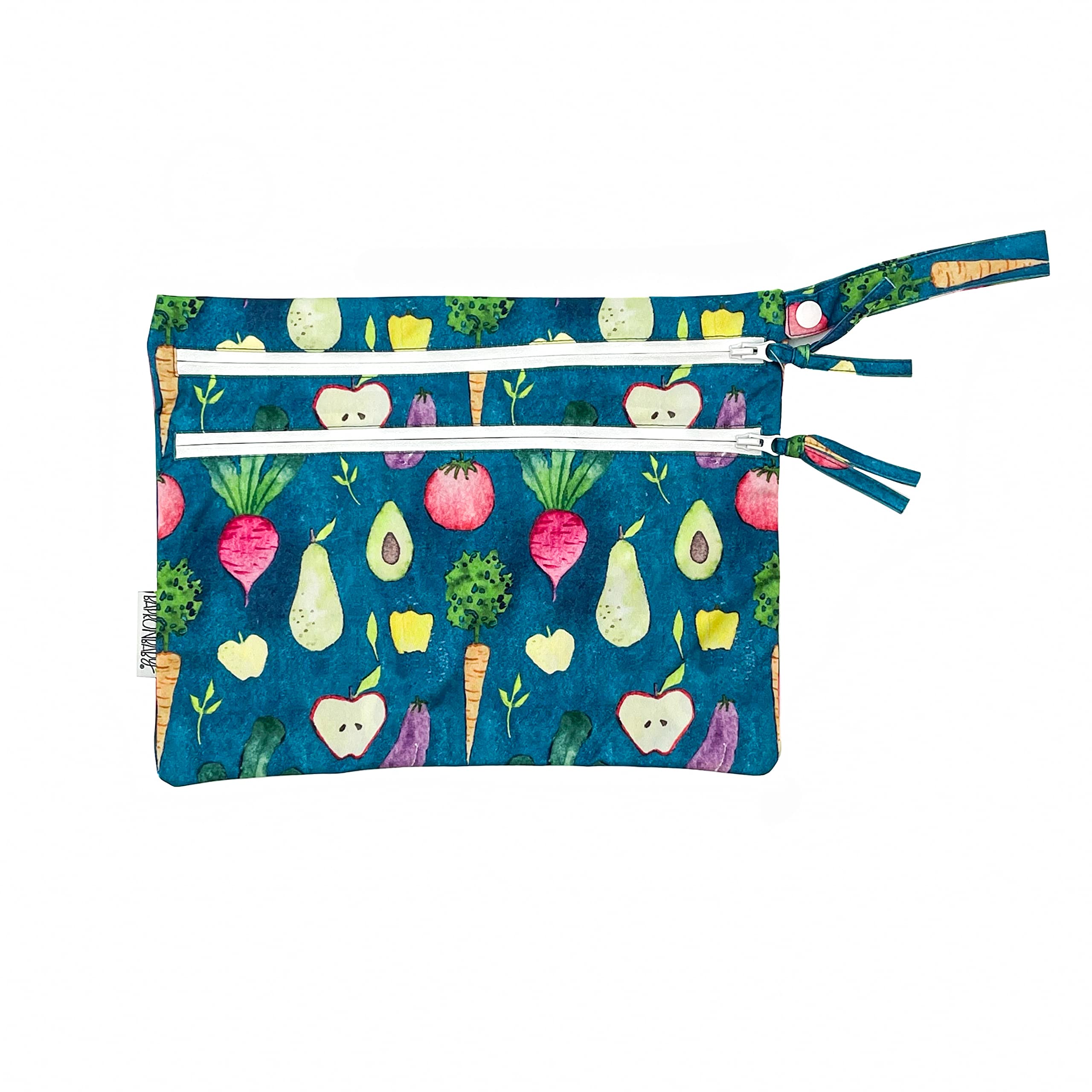 BapronBaby Organic Produce Wet Dry Bag - Waterproof Two Zipper Pockets - Reusable for Mealtime, Diapers, Stroller, Snacks, Swimsuits - Machine Washable - 11" x 9"