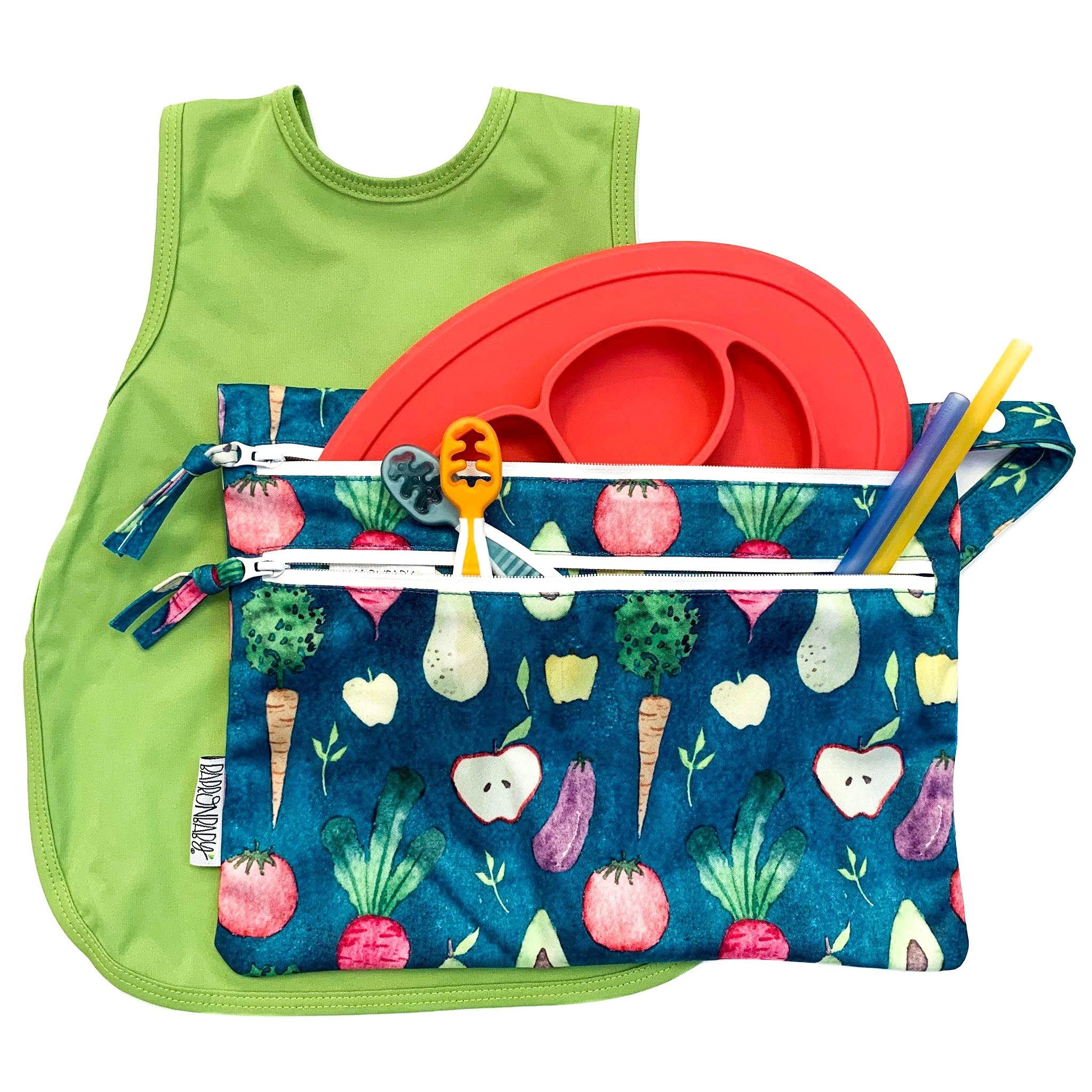 BapronBaby Organic Produce Wet Dry Bag - Waterproof Two Zipper Pockets - Reusable for Mealtime, Diapers, Stroller, Snacks, Swimsuits - Machine Washable - 11" x 9"