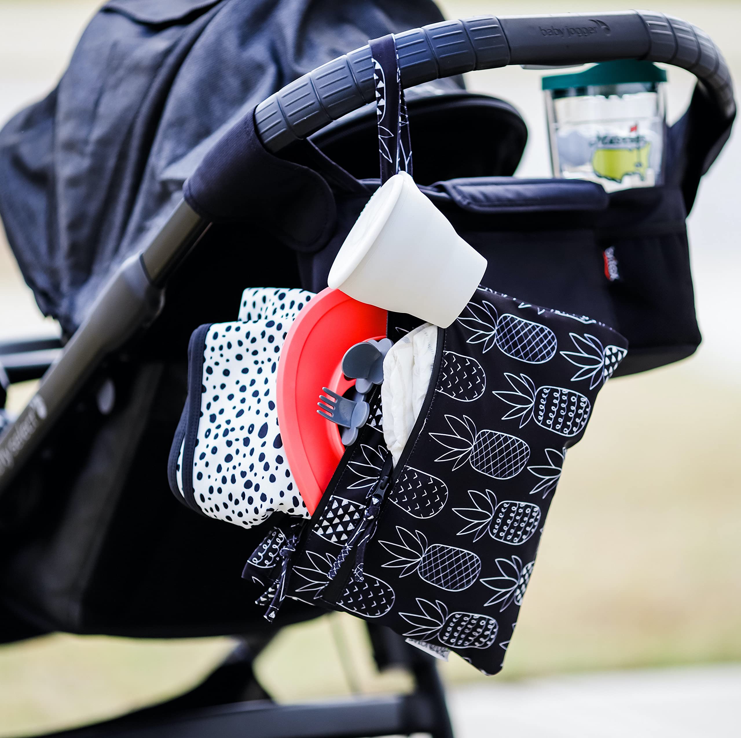 BapronBaby Pineapple Monochrome Wet Dry Bag - Waterproof Two Zipper Pockets - Reusable for Mealtime, Diapers, Stroller, Snacks, Swimsuits - Machine Washable - 11" x 9"