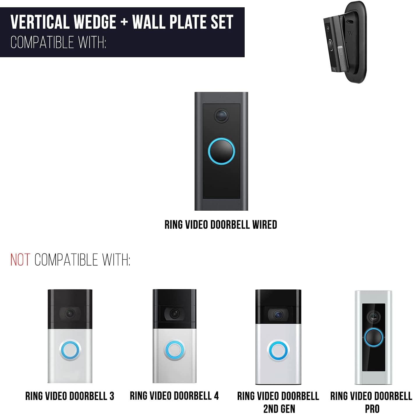 Wasserstein 0° to 10° Vertical Adjustable Angle Mount and Wall Plate Compatible with Video Doorbell Wired