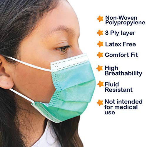 DermSource MADE IN USA - Kids 3-Layer Disposable Face Masks - Breathable Face Covering for Boys and Girls (25 Kids Masks - Green)